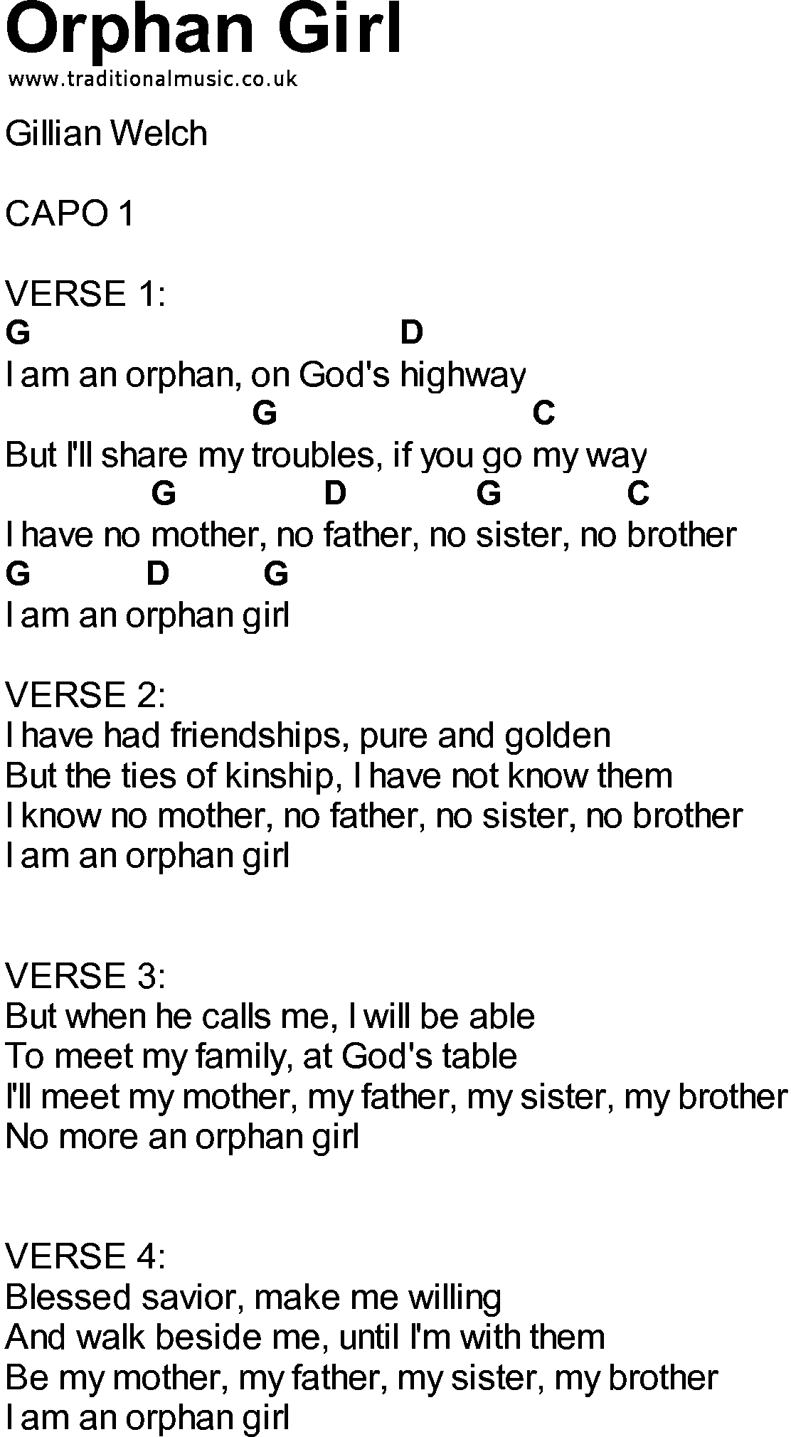 Bluegrass songs with chords - Orphan Girl