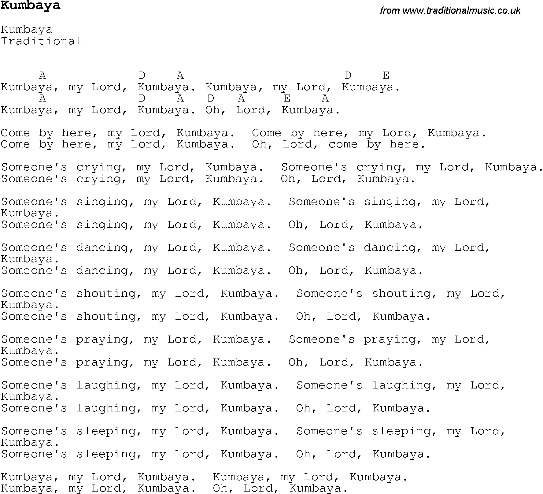 Childrens Songs and Nursery Rhymes, lyrics with easy chords for Kumbaya