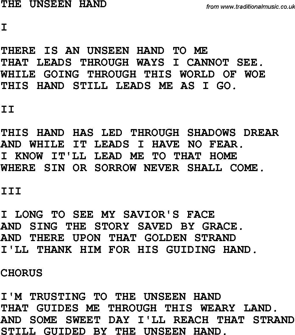 Country, Southern and Bluegrass Gospel Song The Unseen Hand lyrics
