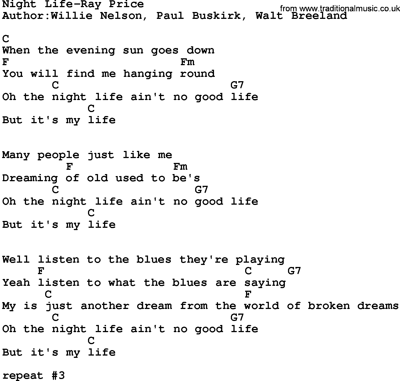 Country Music:Night Life-Ray Price Lyrics and Chords