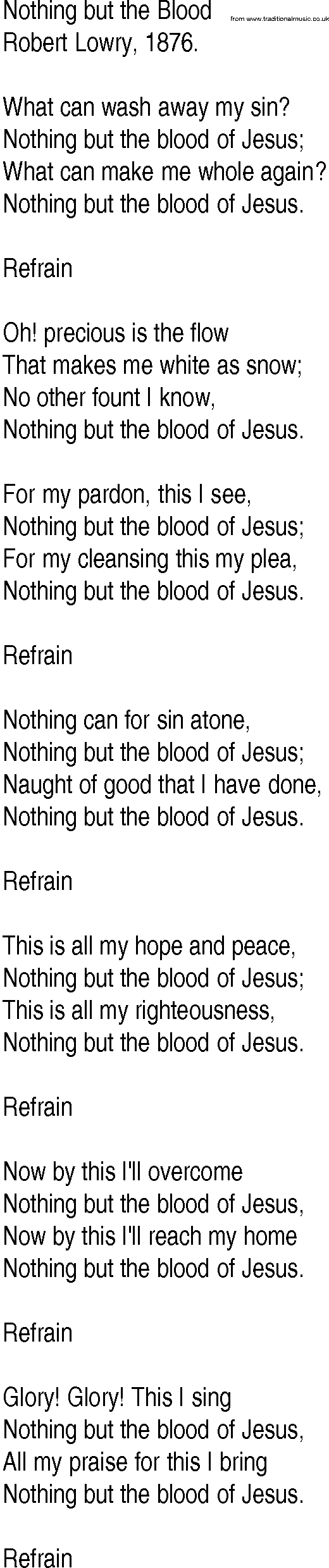 Hymn and Gospel Song Lyrics for Nothing but the Blood by Robert Lowry