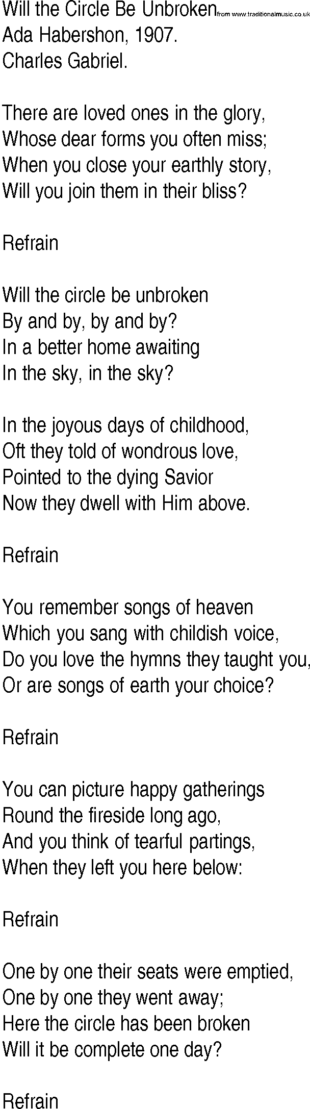 Hymn and Gospel Song Lyrics for Will the Circle Be Unbroken by Ada ...