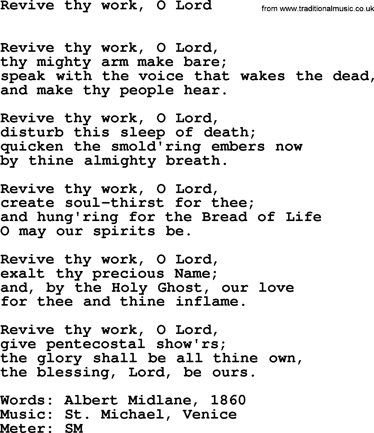 Lent Hymns, Song: Revive Thy Work, O Lord - lyrics, midi music and PDF