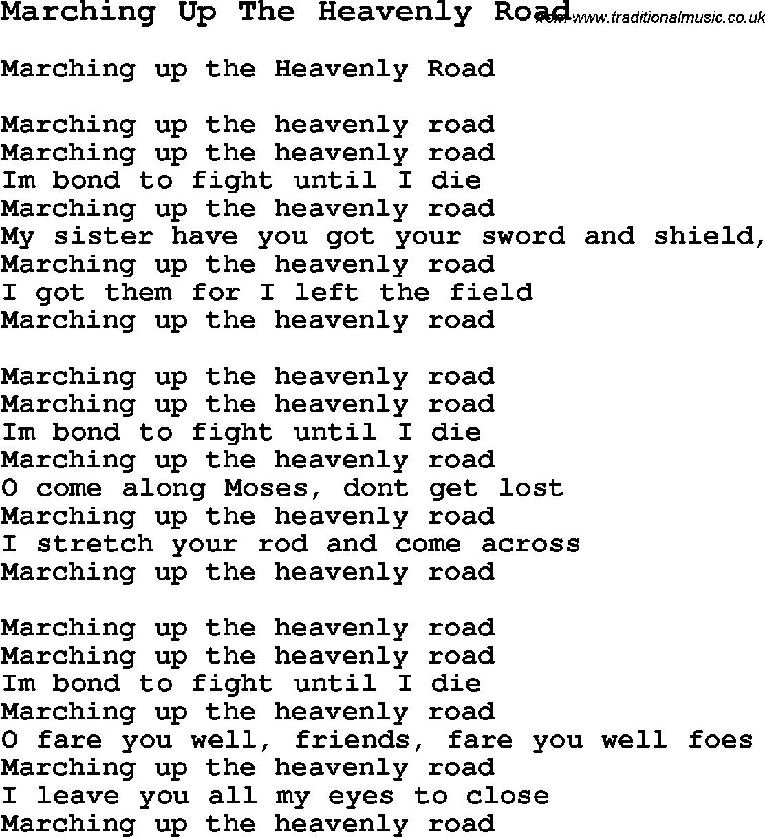 Negro Spiritual/Slave Song Lyrics for Marching Up The Heavenly Road