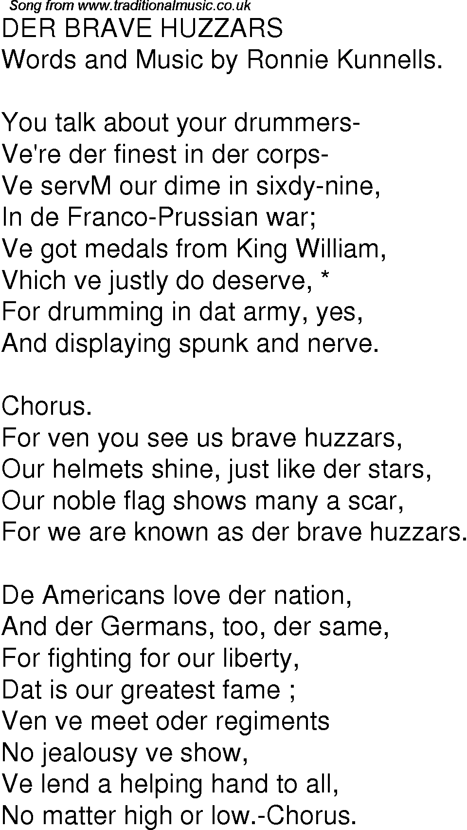 Old Time Song Lyrics for 01 Der Brave Huzzars