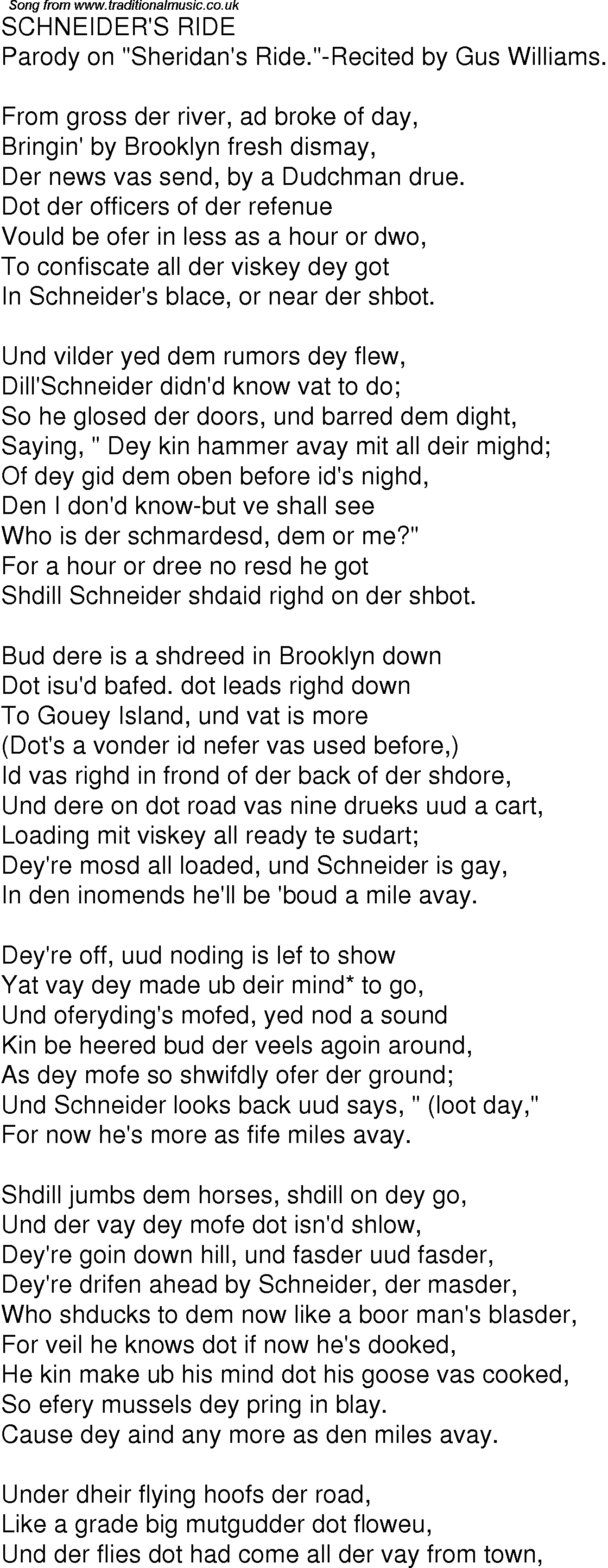 Old Time Song Lyrics for 01 Schneiders Ride