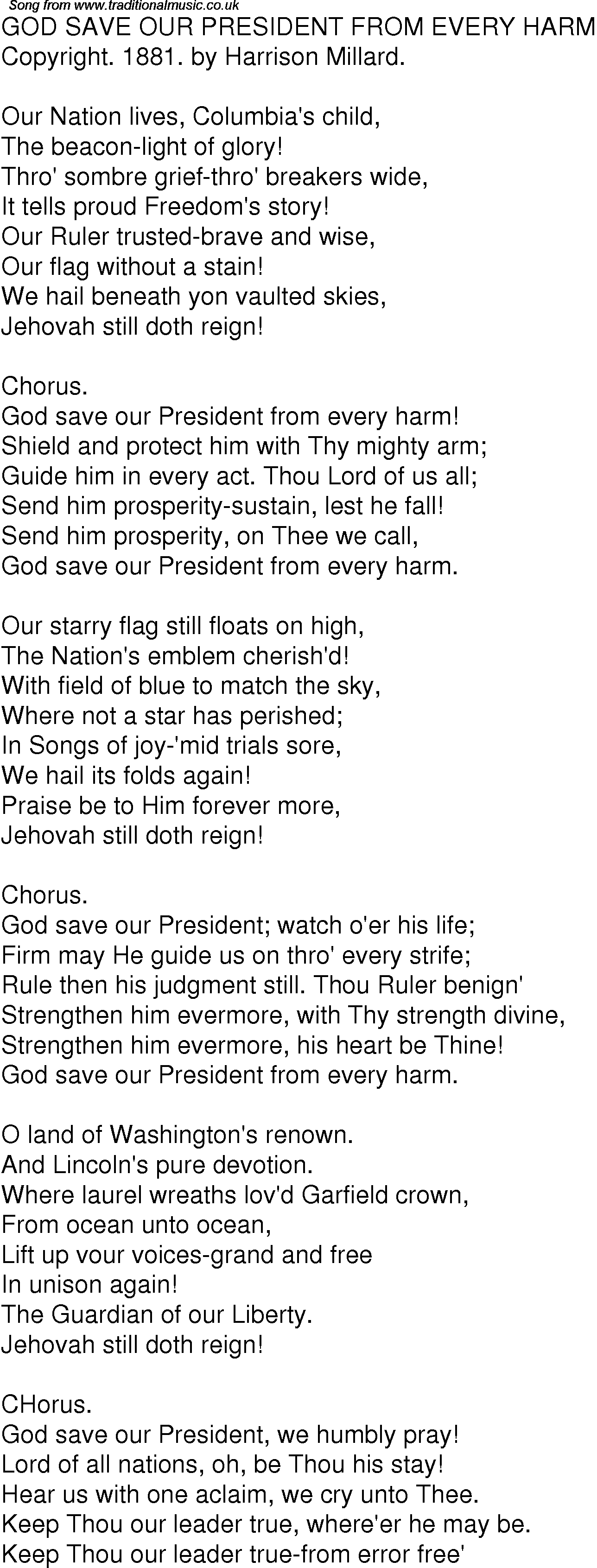 Old Time Song Lyrics for 02 God Save Our President From Every Harm