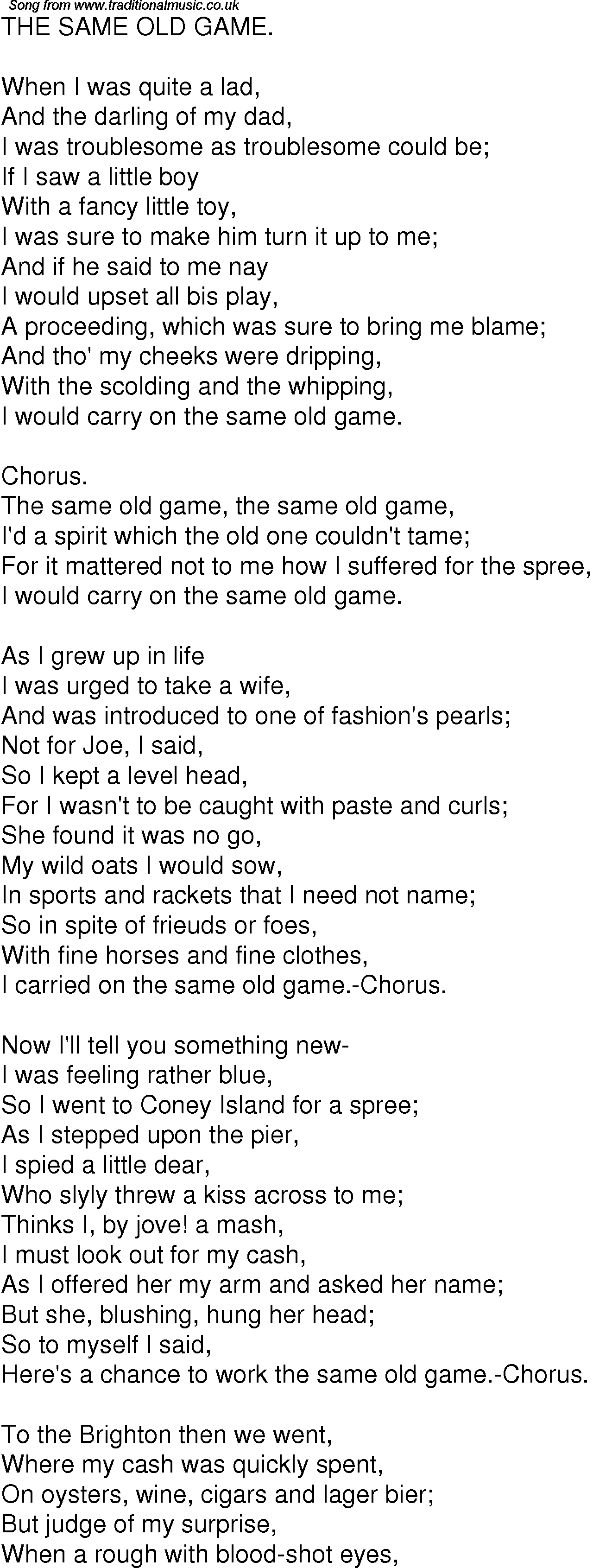 Old Time Song Lyrics for 04 The Same Old Game
