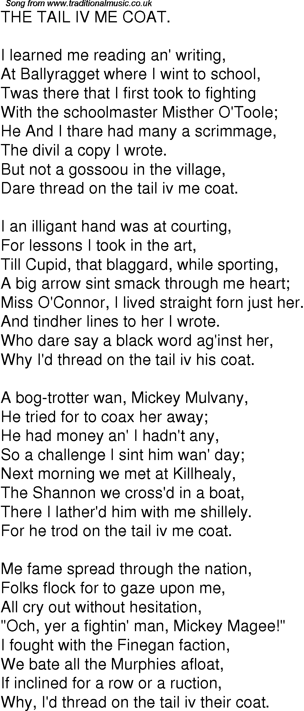 Old Time Song Lyrics for 05 The Tail Iv Me Coat