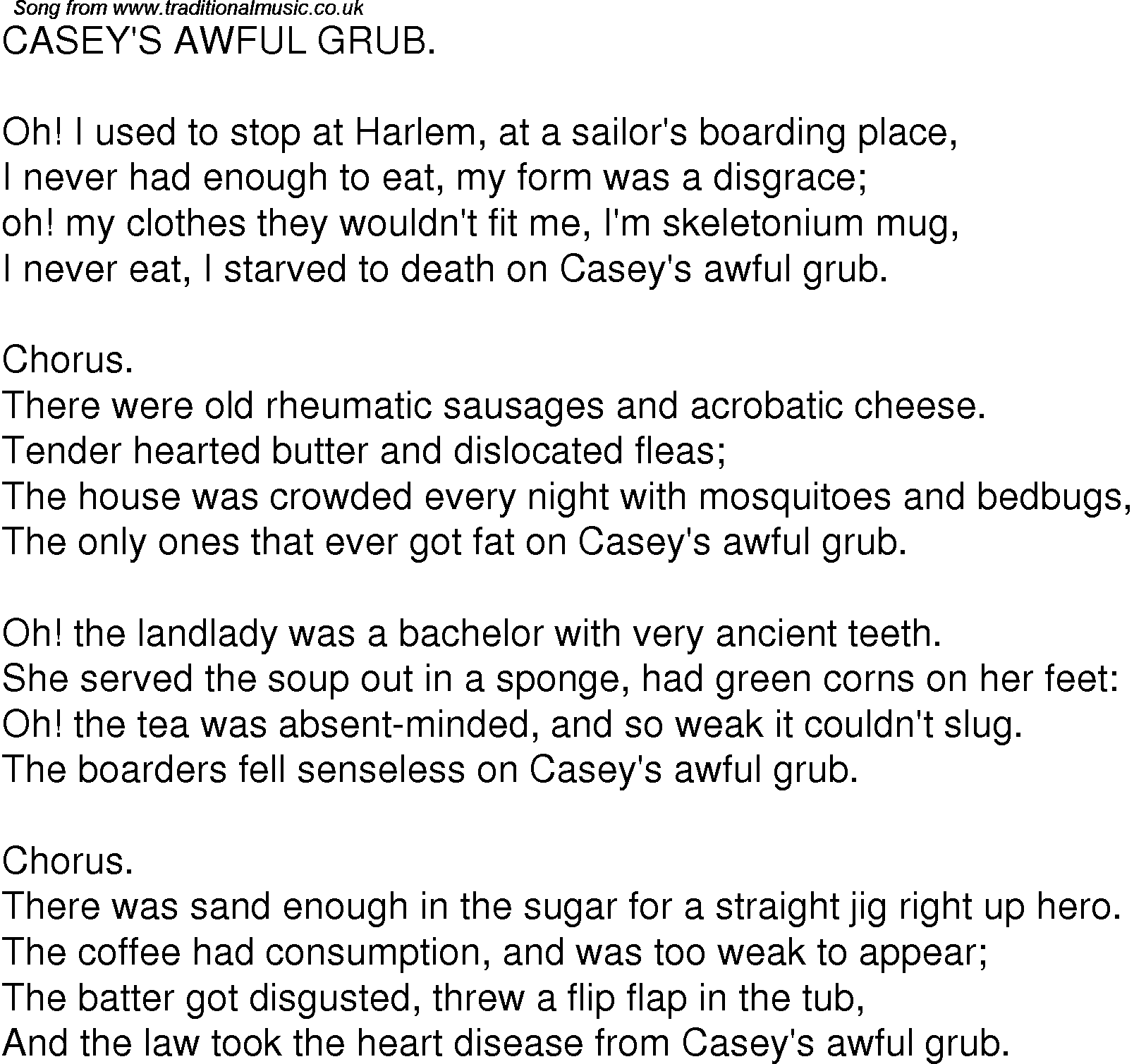 Old Time Song Lyrics for 07 Caseys Awful Grub