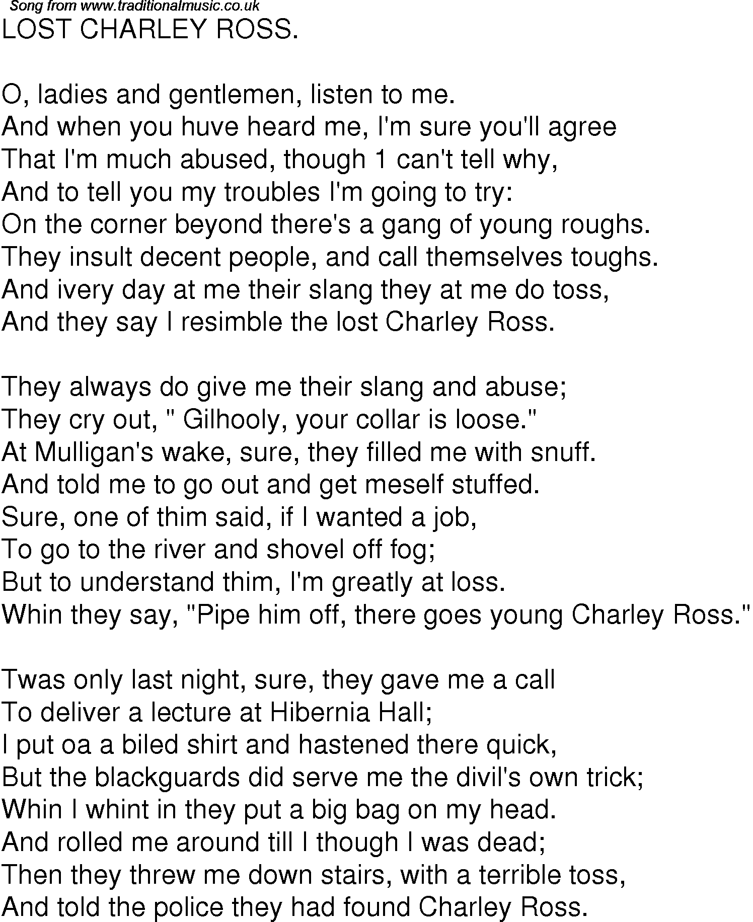 Old Time Song Lyrics for 07 Lost Charley Ross
