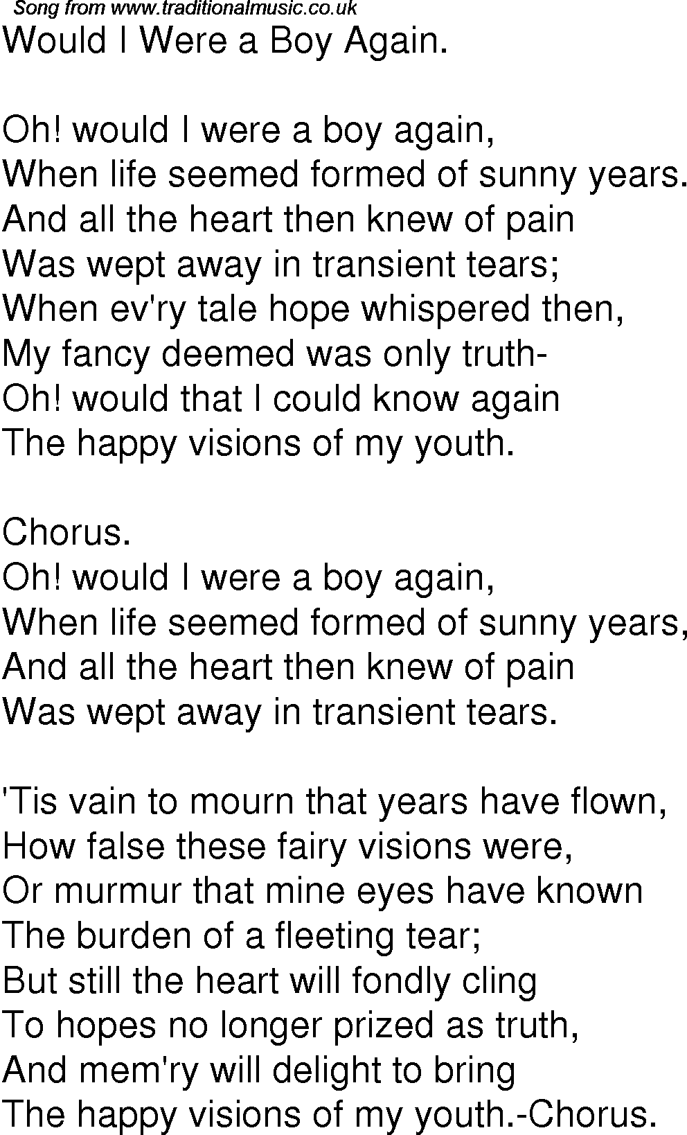 Old Time Song Lyrics for 07 Would I Were A Boy Again
