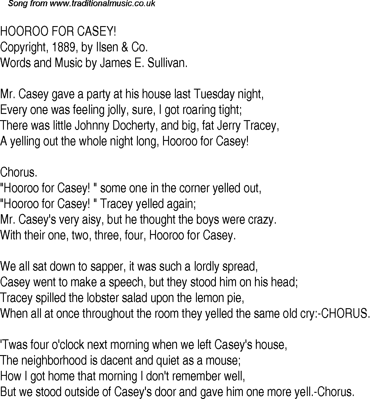 Old Time Song Lyrics for 25 Hooroo For Casey