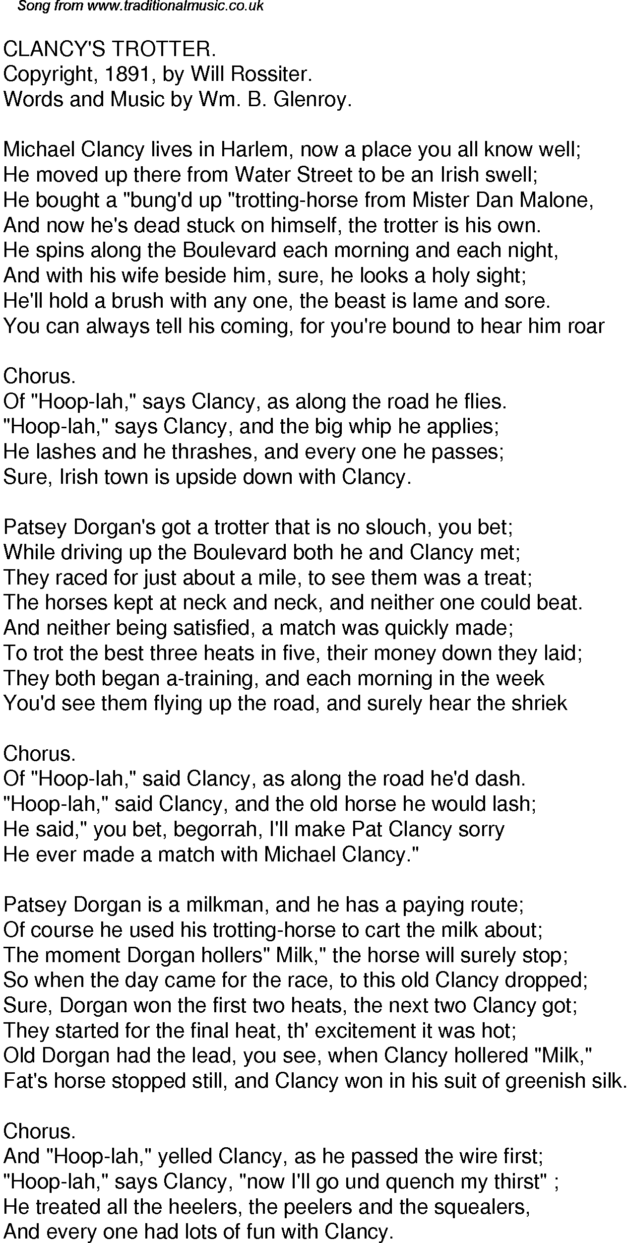 Old Time Song Lyrics for 33 Clancys Trotter