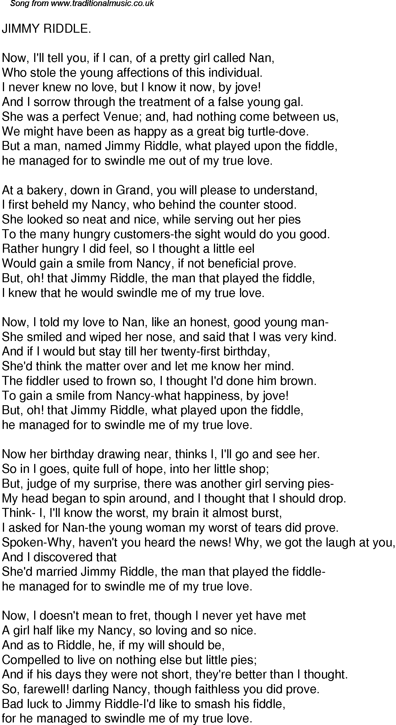 Old Time Song Lyrics for 33 Jimmy Riddle