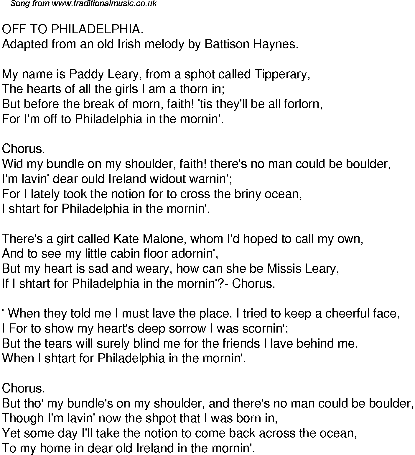 Old Time Song Lyrics for 35 Off To Philadelphia
