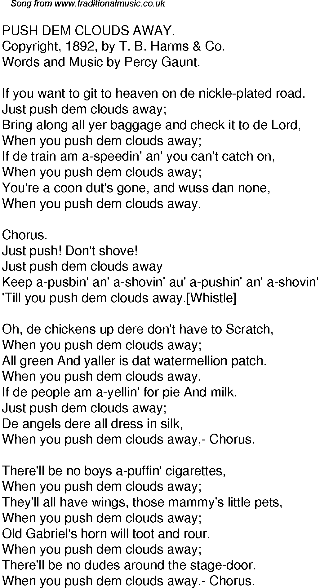 Old Time Song Lyrics for 35 Push Dem Clouds Away