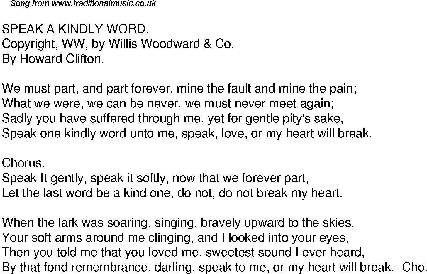 Old Time Song Lyrics for 35 Speak A Kindly Word