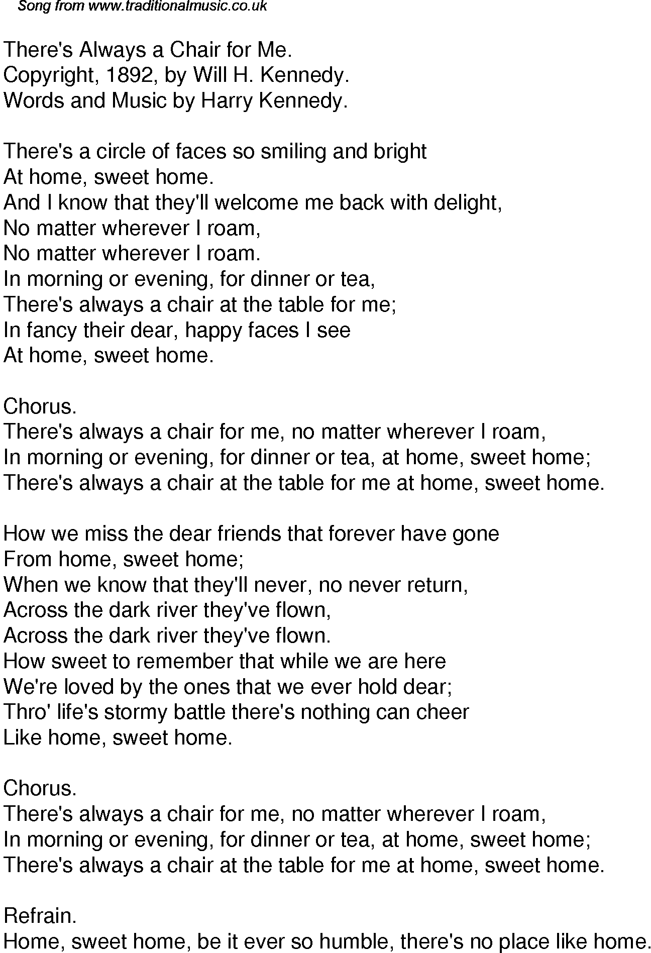 Old Time Song Lyrics for 35 There's Always A Chair For Me