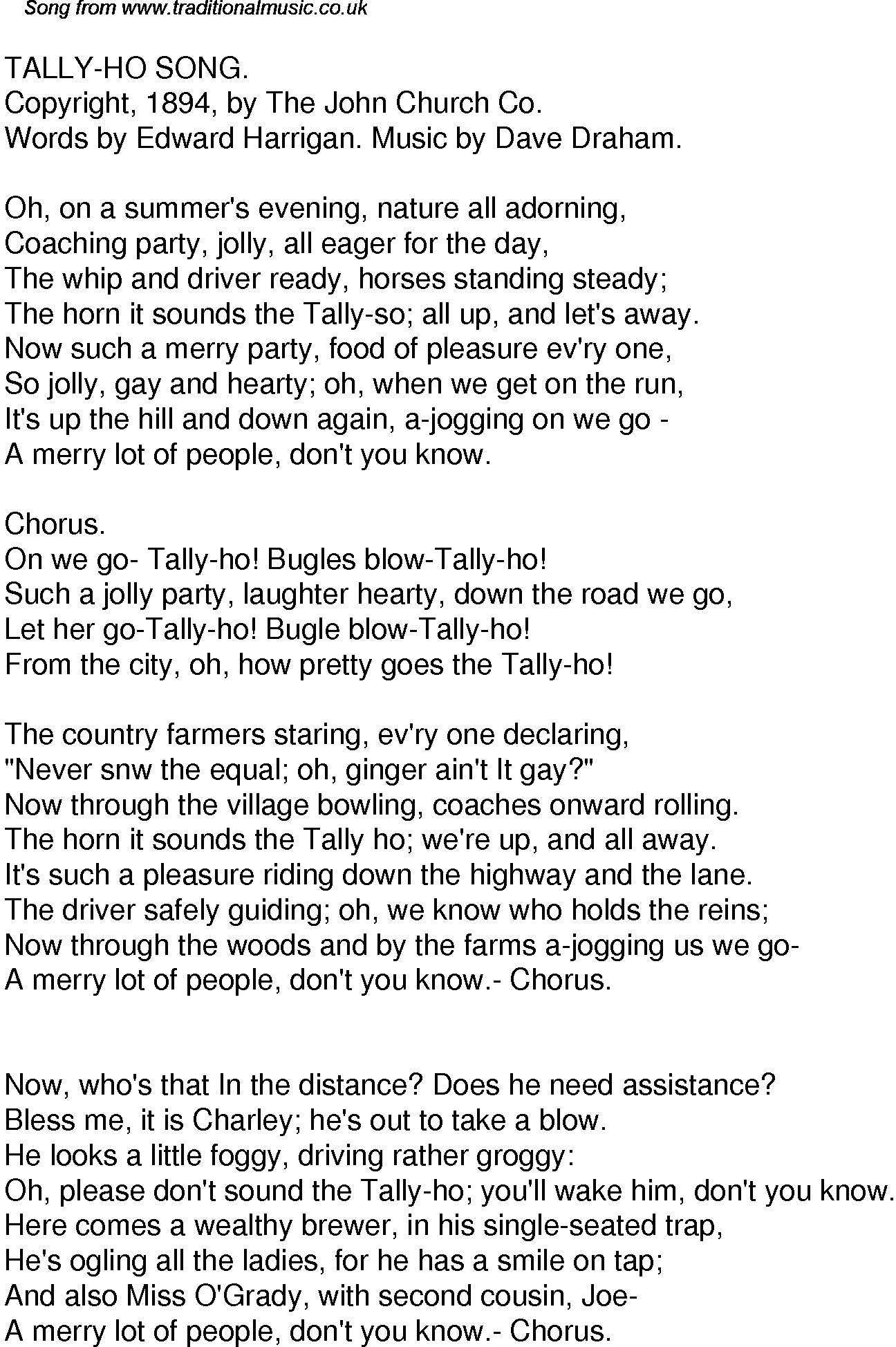 Old Time Song Lyrics for 46 Tally Ho Song