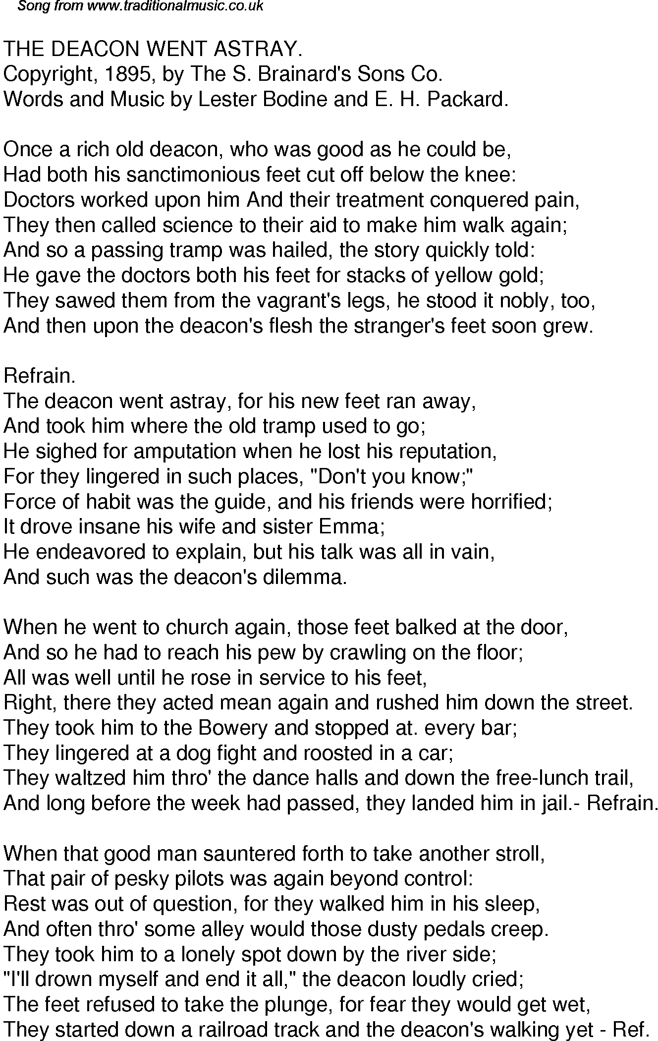 Old Time Song Lyrics for 50 The Deacon Went Astray