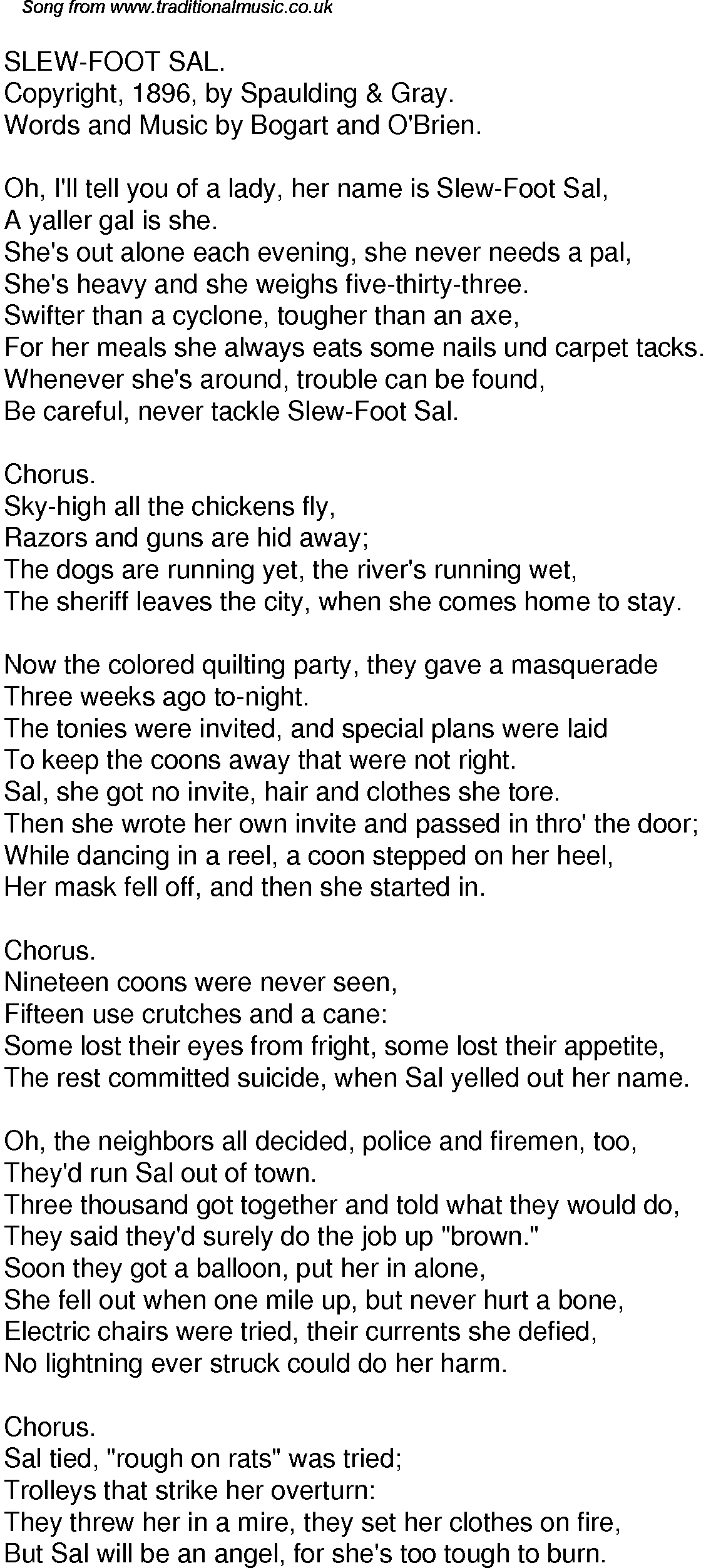 Old Time Song Lyrics for 53 Slew Foot Sal