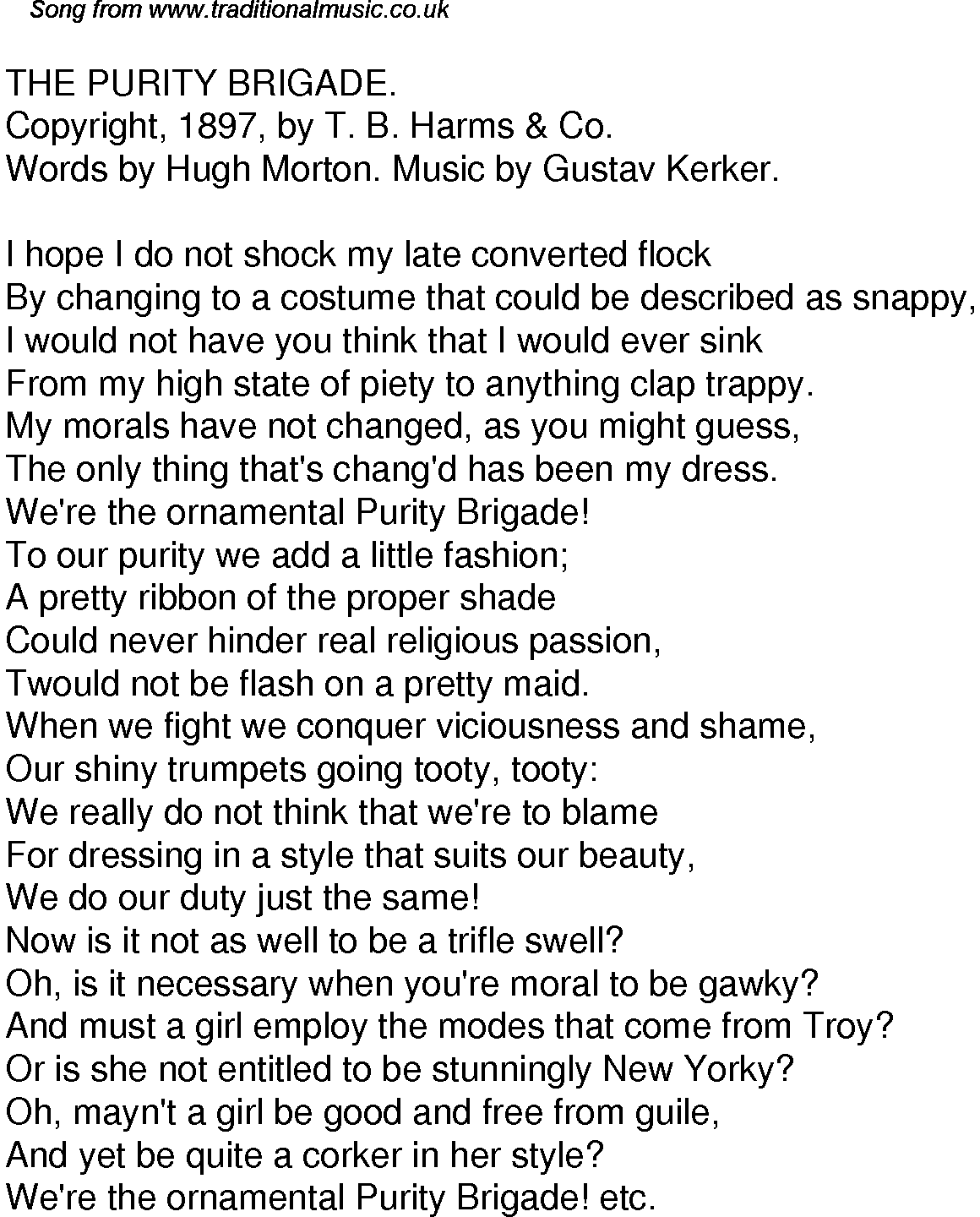 Old Time Song Lyrics for 61 The Purity Brigade