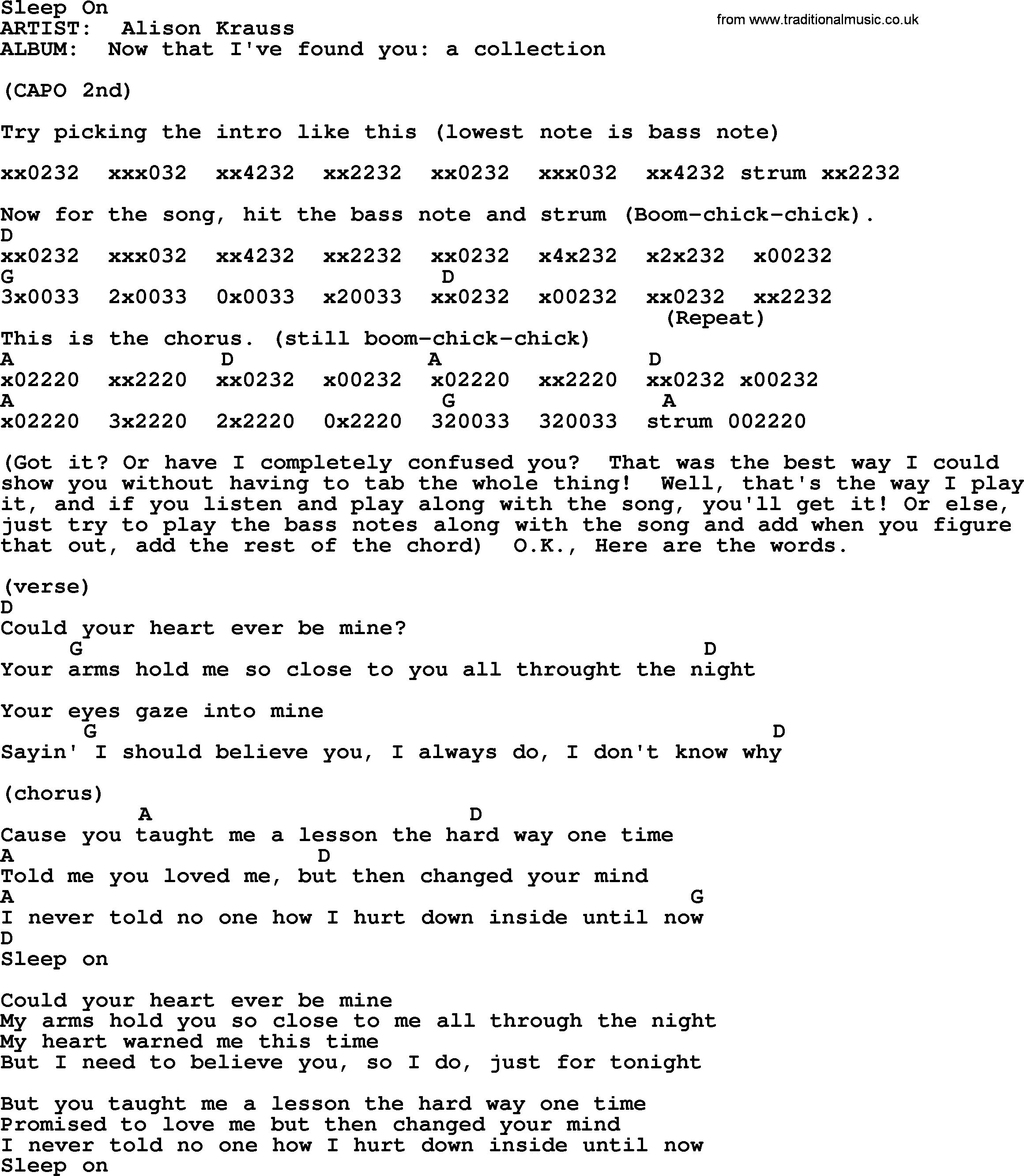 Sleep On - Bluegrass lyrics with chords