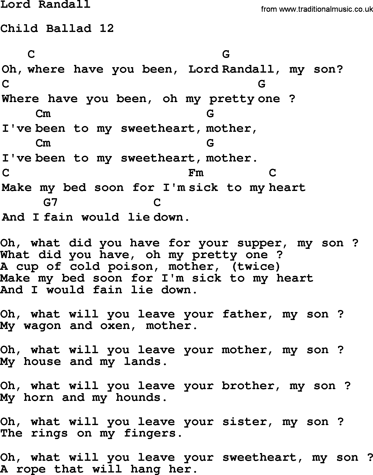 Top 1000 Folk and Old Time Songs Collection: Lord Randall - Lyrics with ...